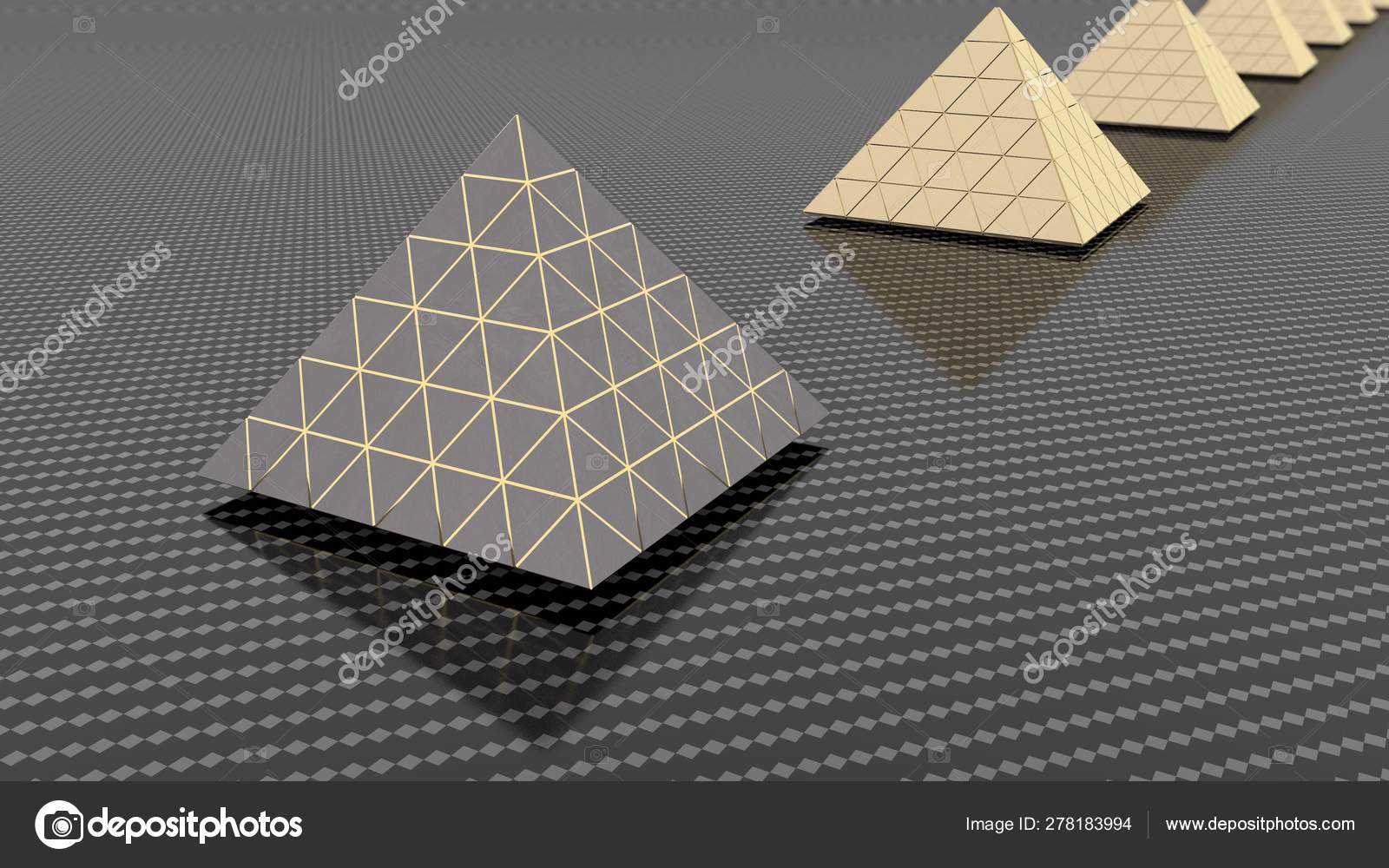 3D rendering of Golden pyramids and silver pyramid on metal chess ...