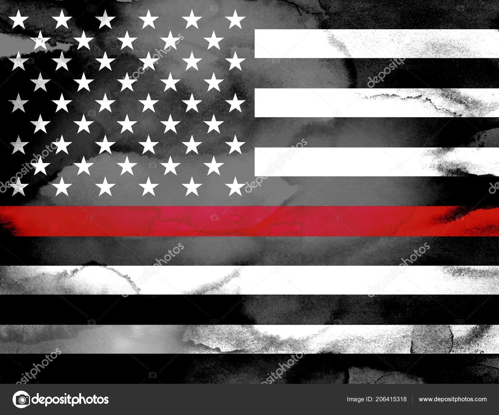 Firefighter Support Flag Red Line Painted Washes Watercolor Paint Stock ...