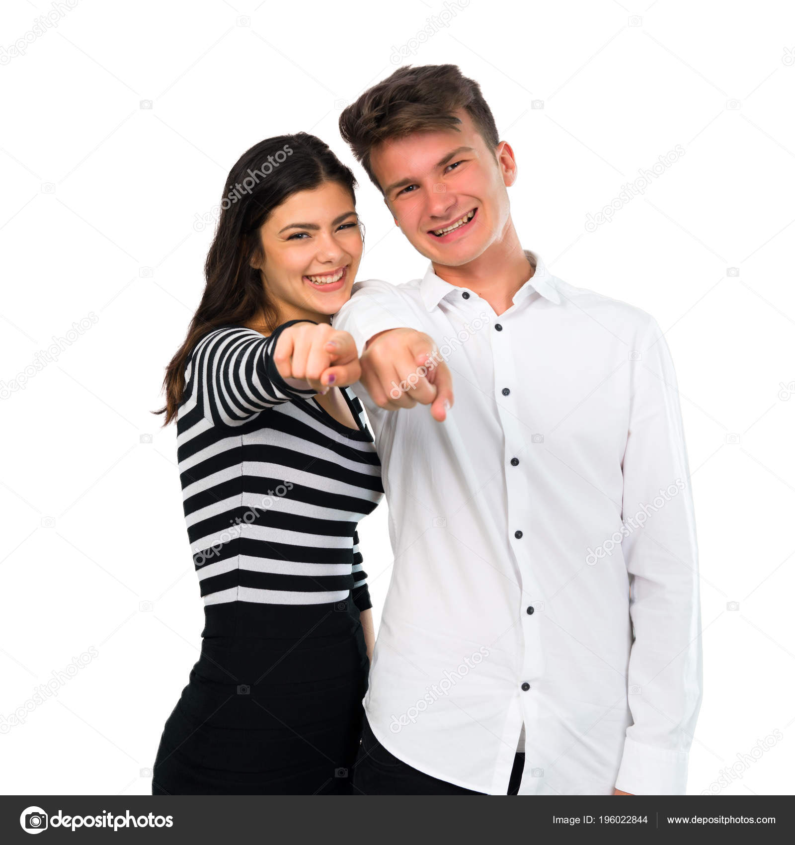 Young Couple Pointing Finger Someone Laughing Lot Isolated White ...