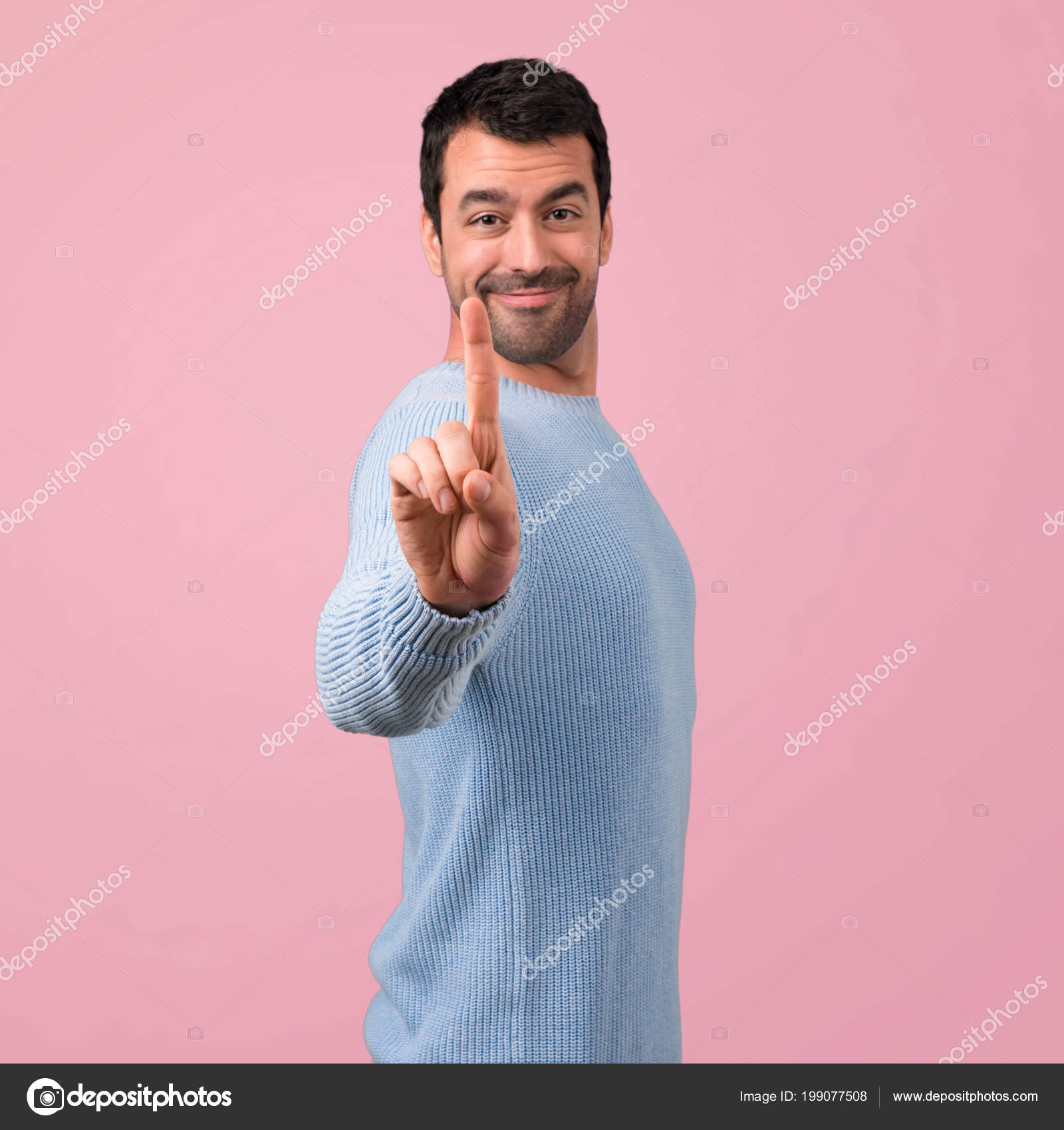 Handsome Man Counting Number One Sign Pink Background Stock Photo by ...