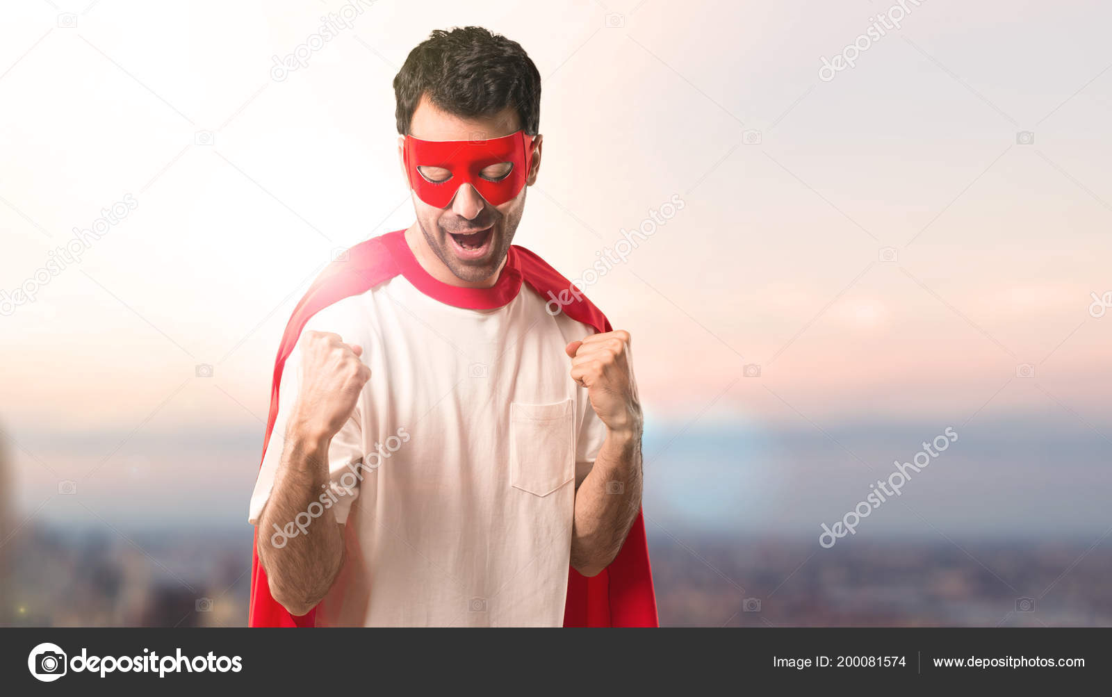 Superhero Man Mask Red Cape Celebrating Victory Happy Having Won Stock ...
