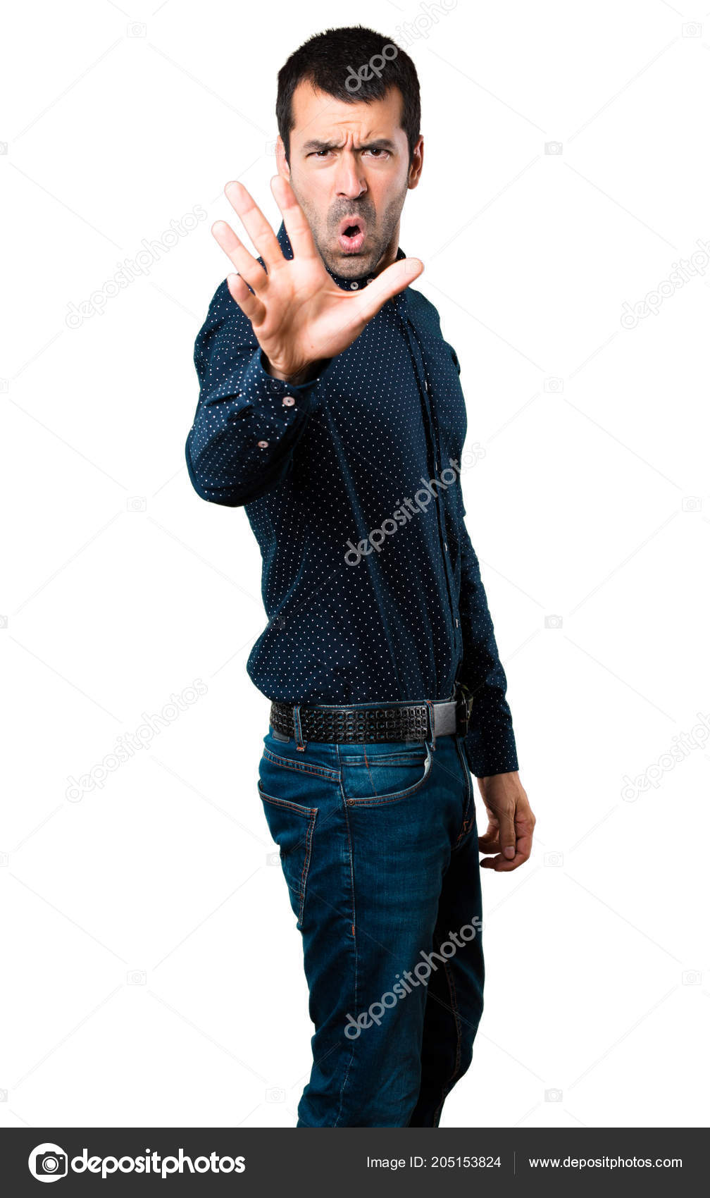 Handsome Man Making Stop Sign Isolated White Background Stock Photo by ...