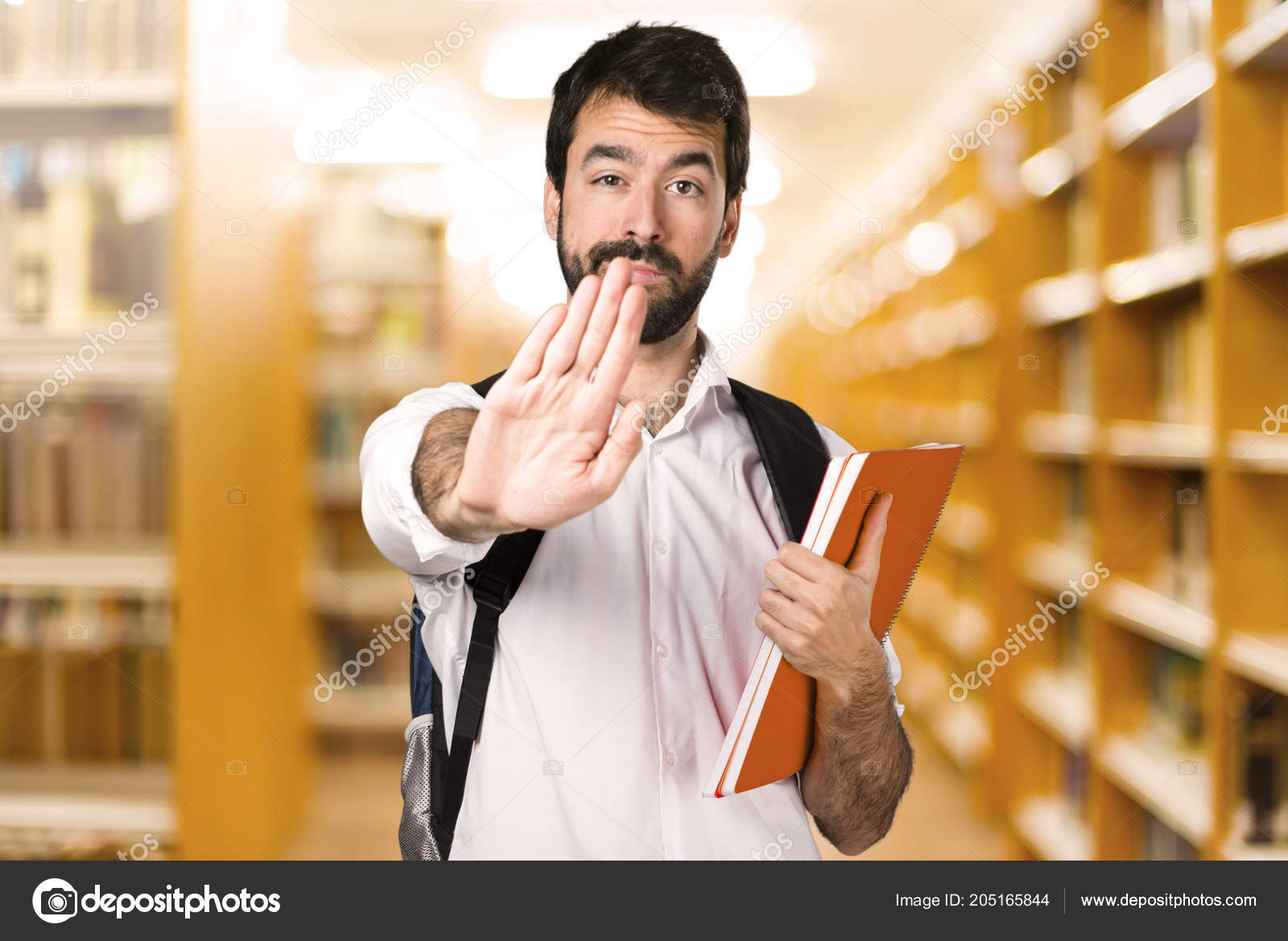 Student Man Making Stop Sign Defocused Library — Stock Photo ...