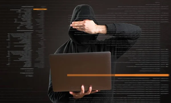 Frustrated Hacker His Computer Dark Background Stock Photo by ...