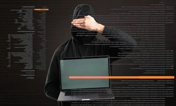 Frustrated Hacker His Computer Dark Background Stock Photo by ...