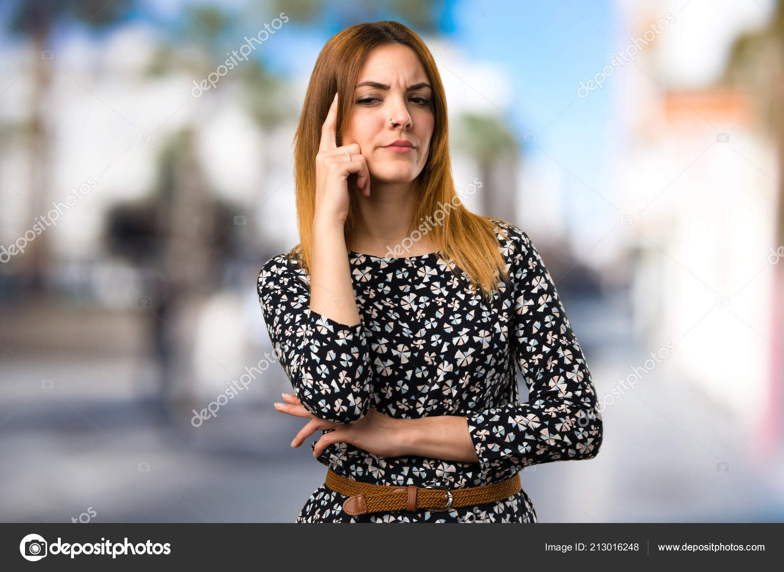 Beautiful Young Girl Thinking Unfocused Background Stock Photo by ...