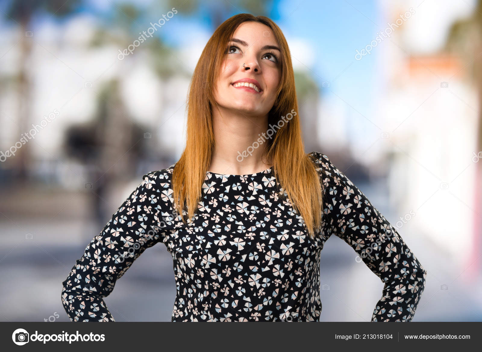 Beautiful Young Girl Looking Unfocused Background Stock Photo by ...