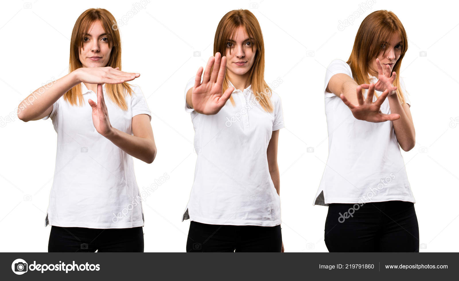 Download - Set of Beautiful young girl making stop sign — Stock Image