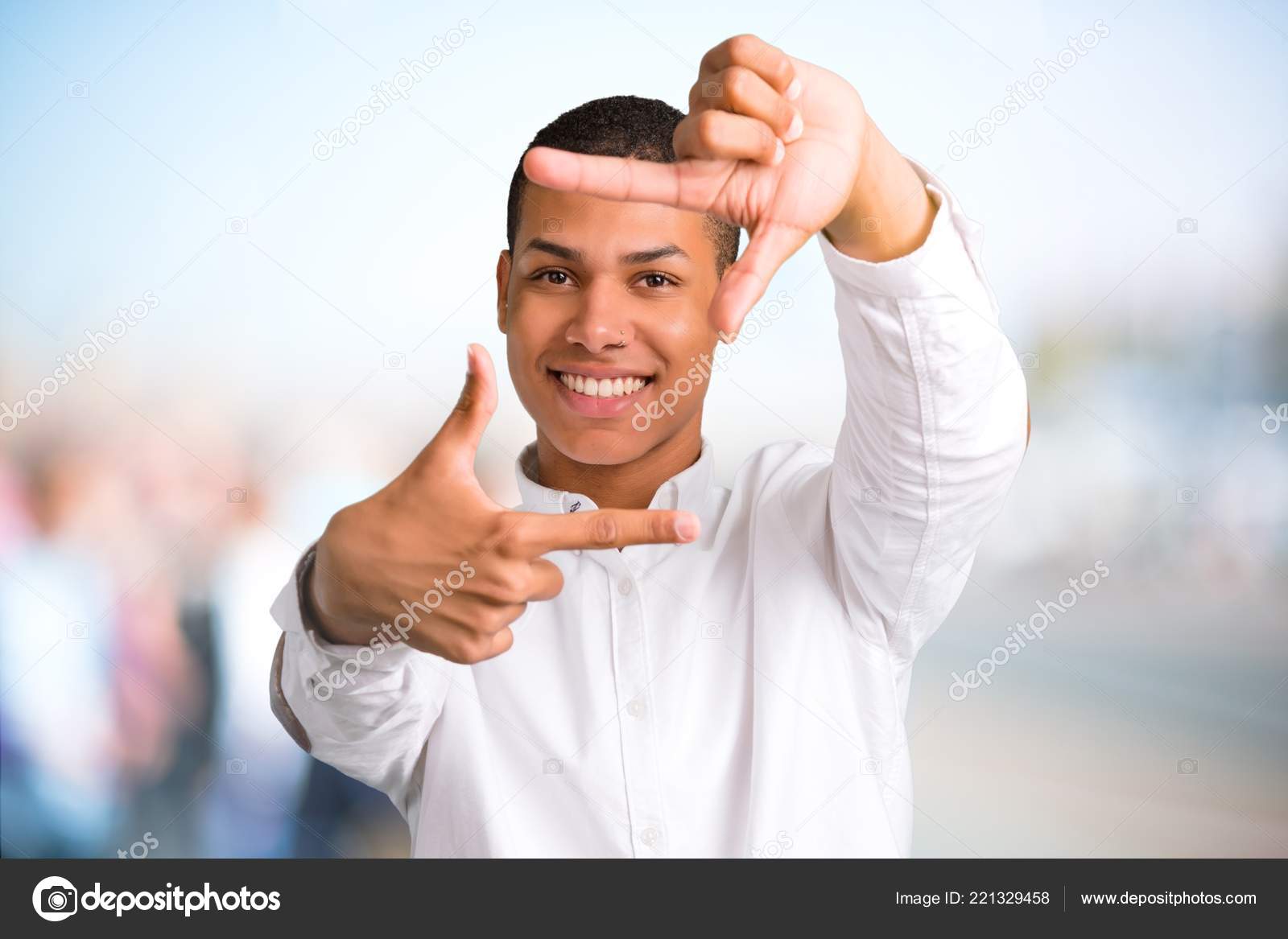 Young African American Man White Shirt Focusing Face Framing Symbol ...