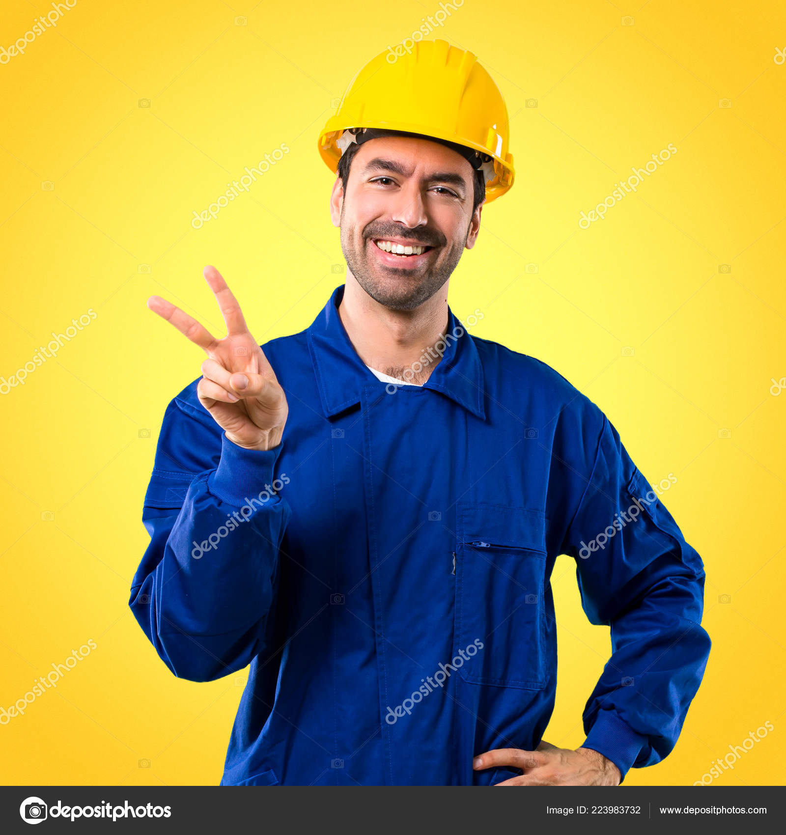 Young Workman Helmet Smiling Showing Victory Sign Cheerful Face Yellow ...