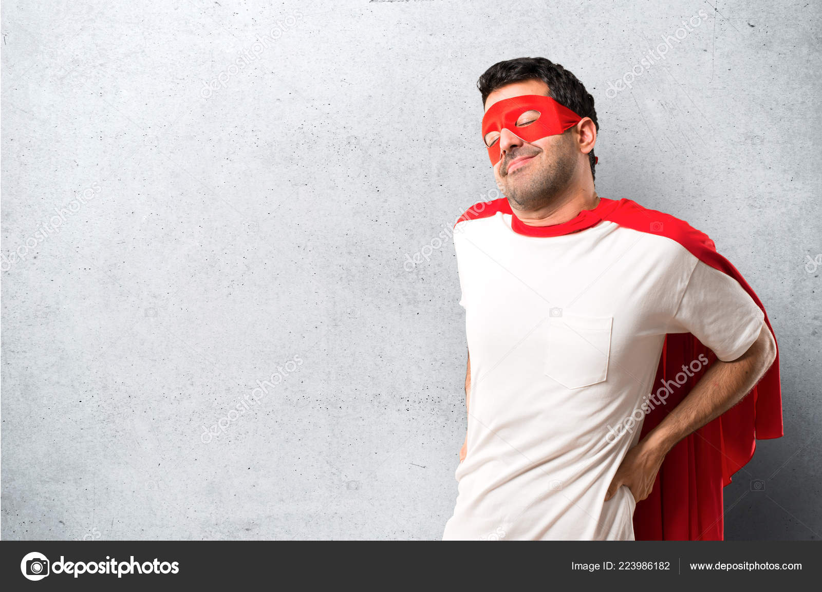 Superhero Man Mask Red Cape Unhappy Suffering Backache Having Made ...