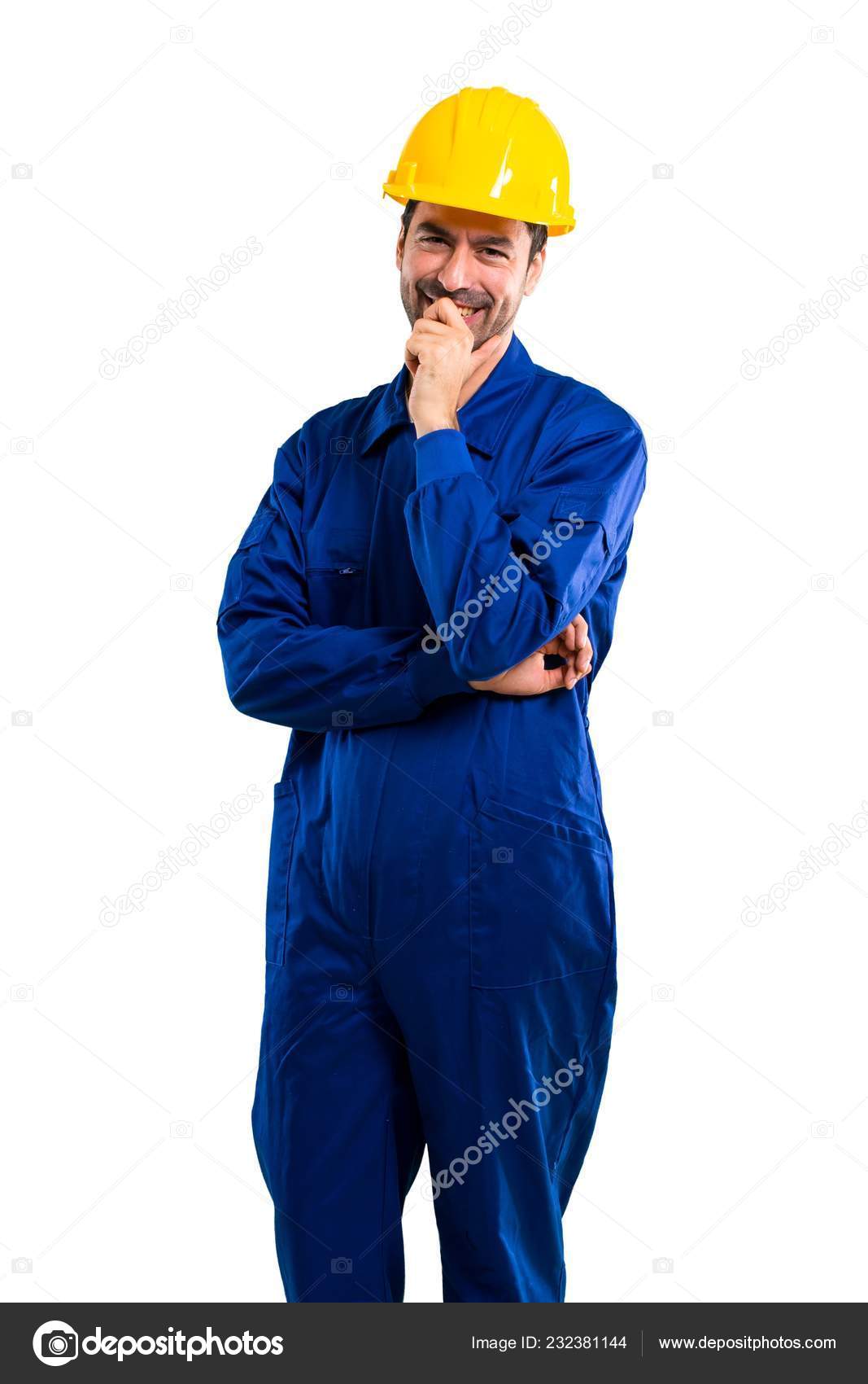 Young Workman Helmet Smiling Sweet Expression Isolated White Background ...