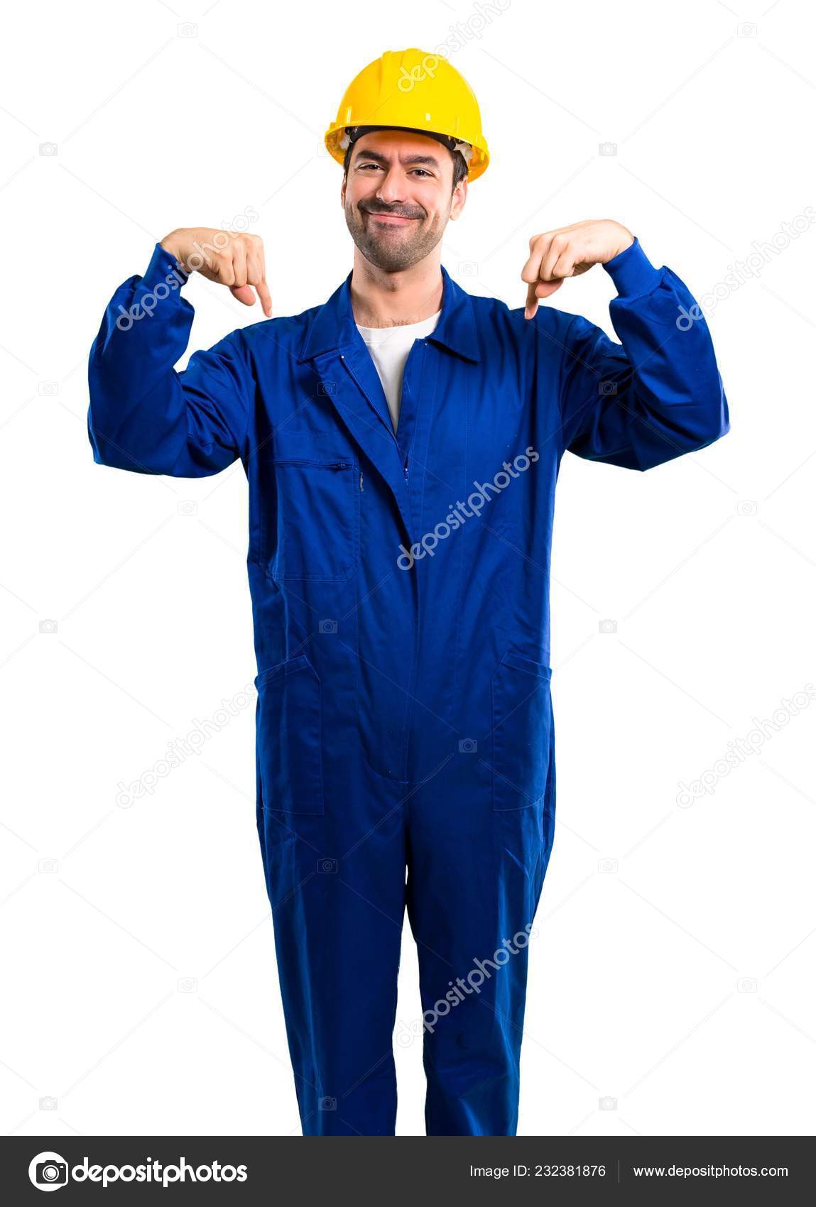 Young Workman Helmet Pointing Fingers Isolated White Background Stock ...