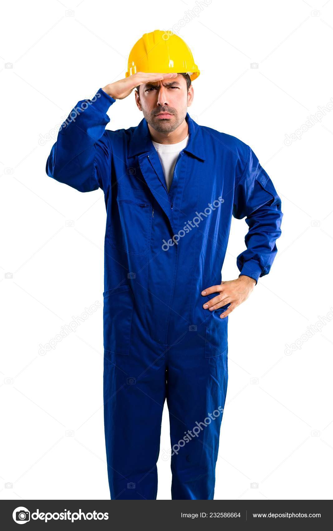 Young Workman Helmet Looking Far Away Hand Look Something Isolated ...