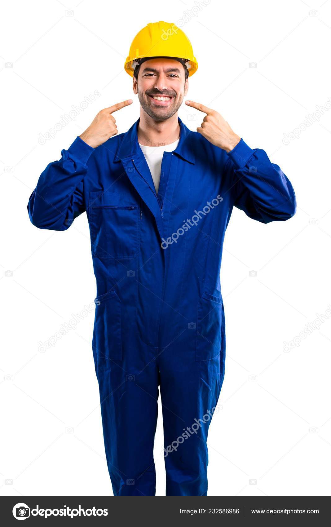 Young Workman Helmet Smiling Happy Pleasant Expression While Pointing ...