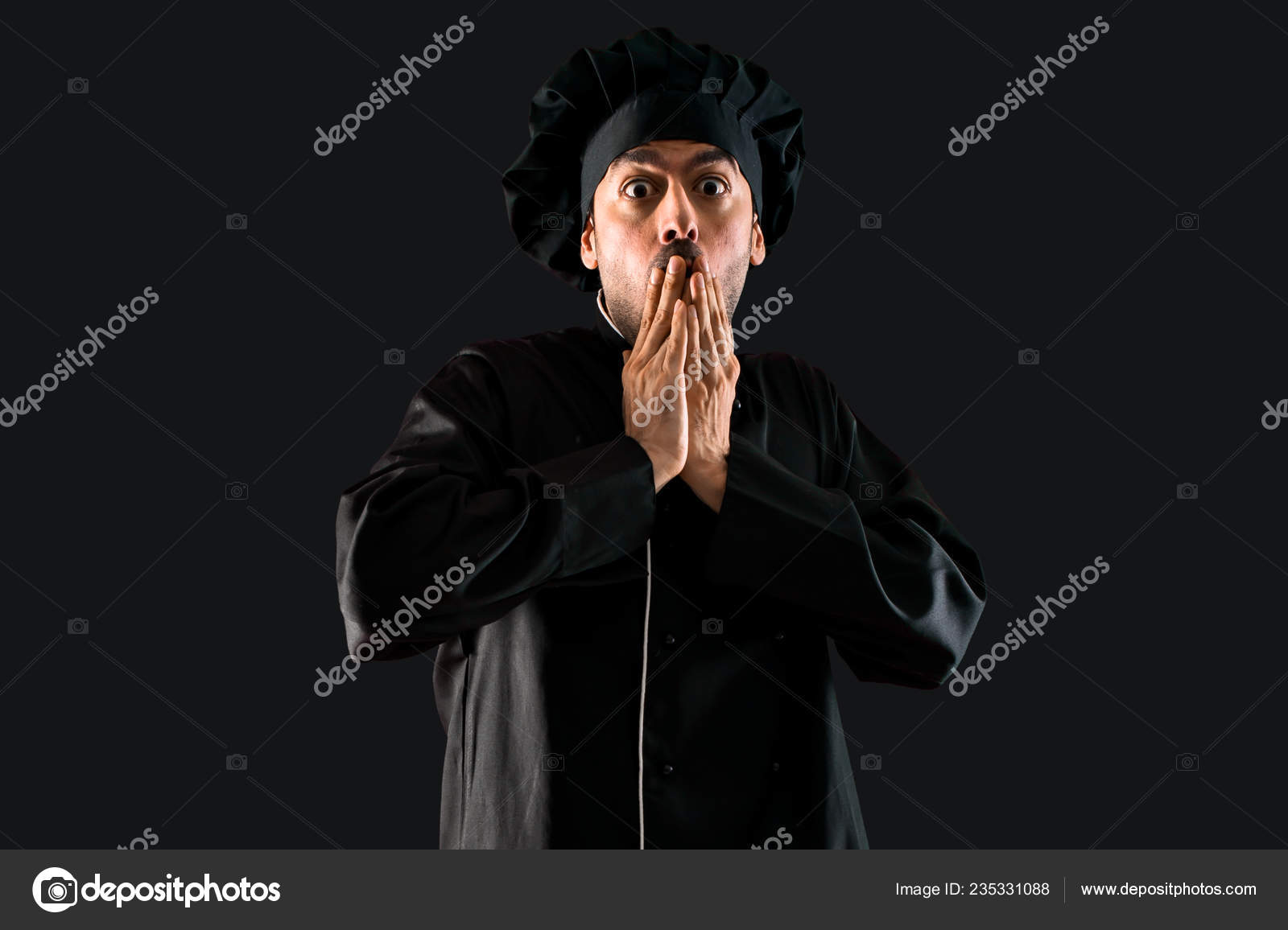 Chef Man Black Uniform Surprise Shocked Facial Expression Black ...