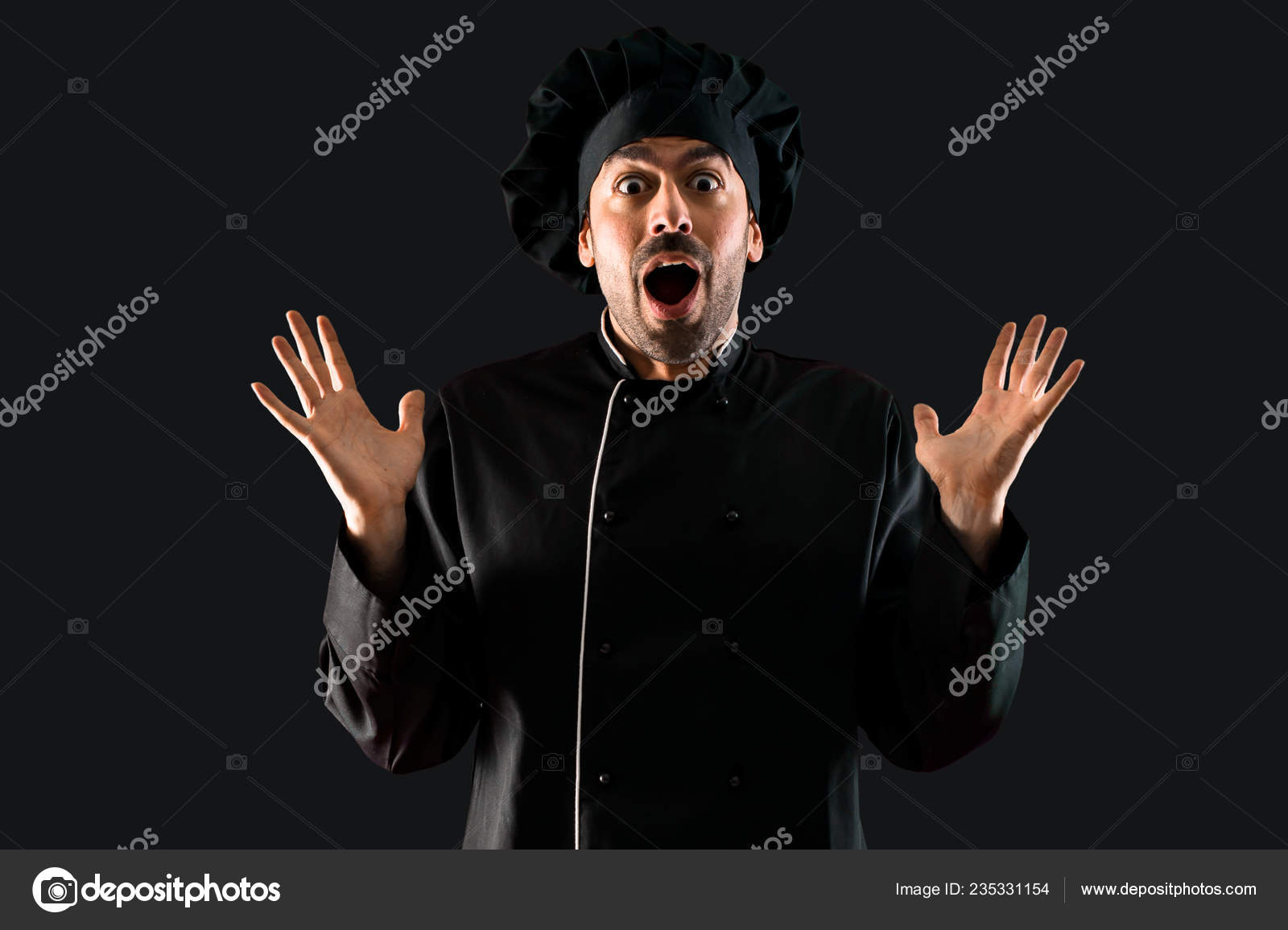 Chef Man Black Uniform Surprise Shocked Facial Expression Black ...