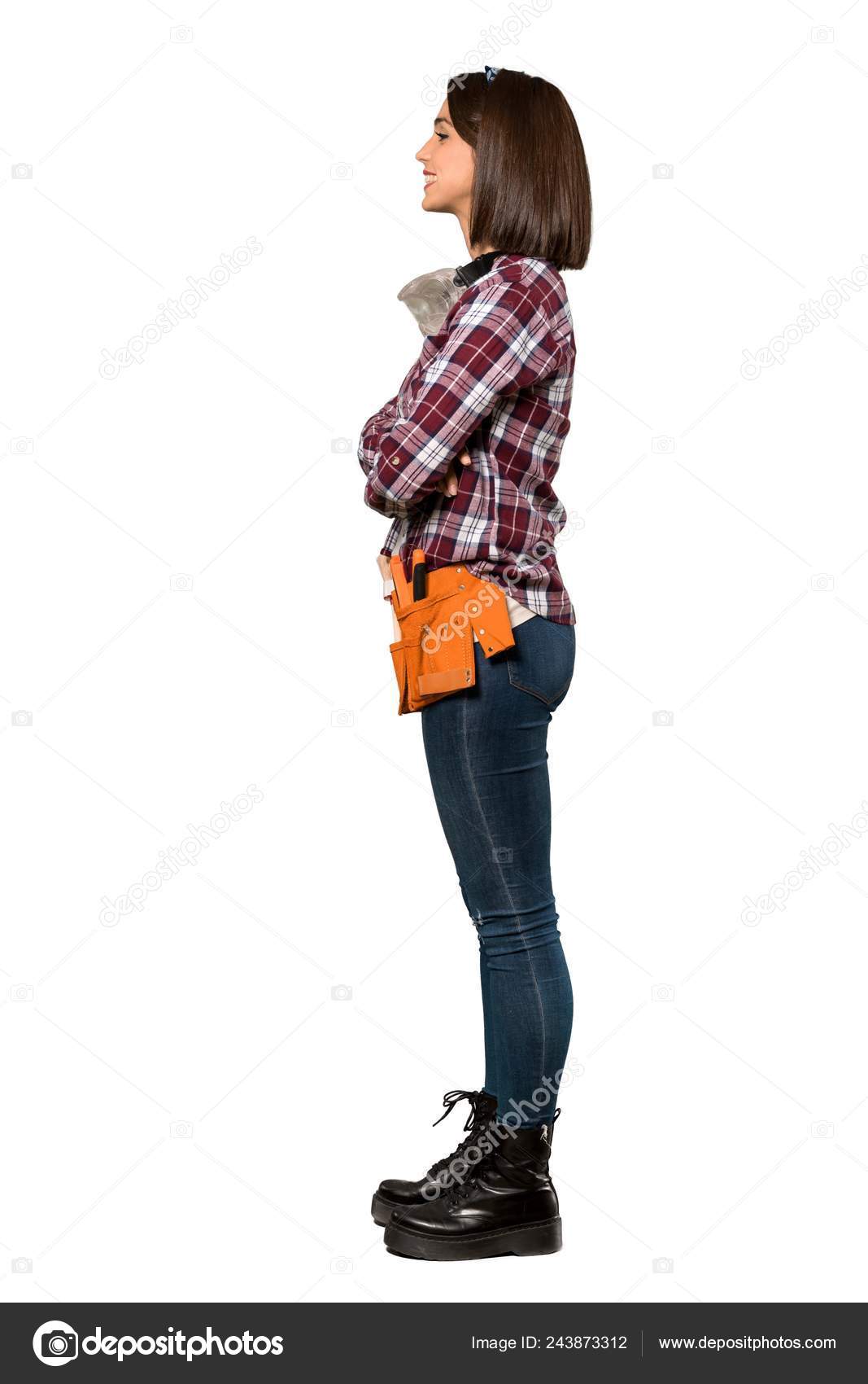 Full Length Shot Young Worker Woman Lateral Position Isolated White ...