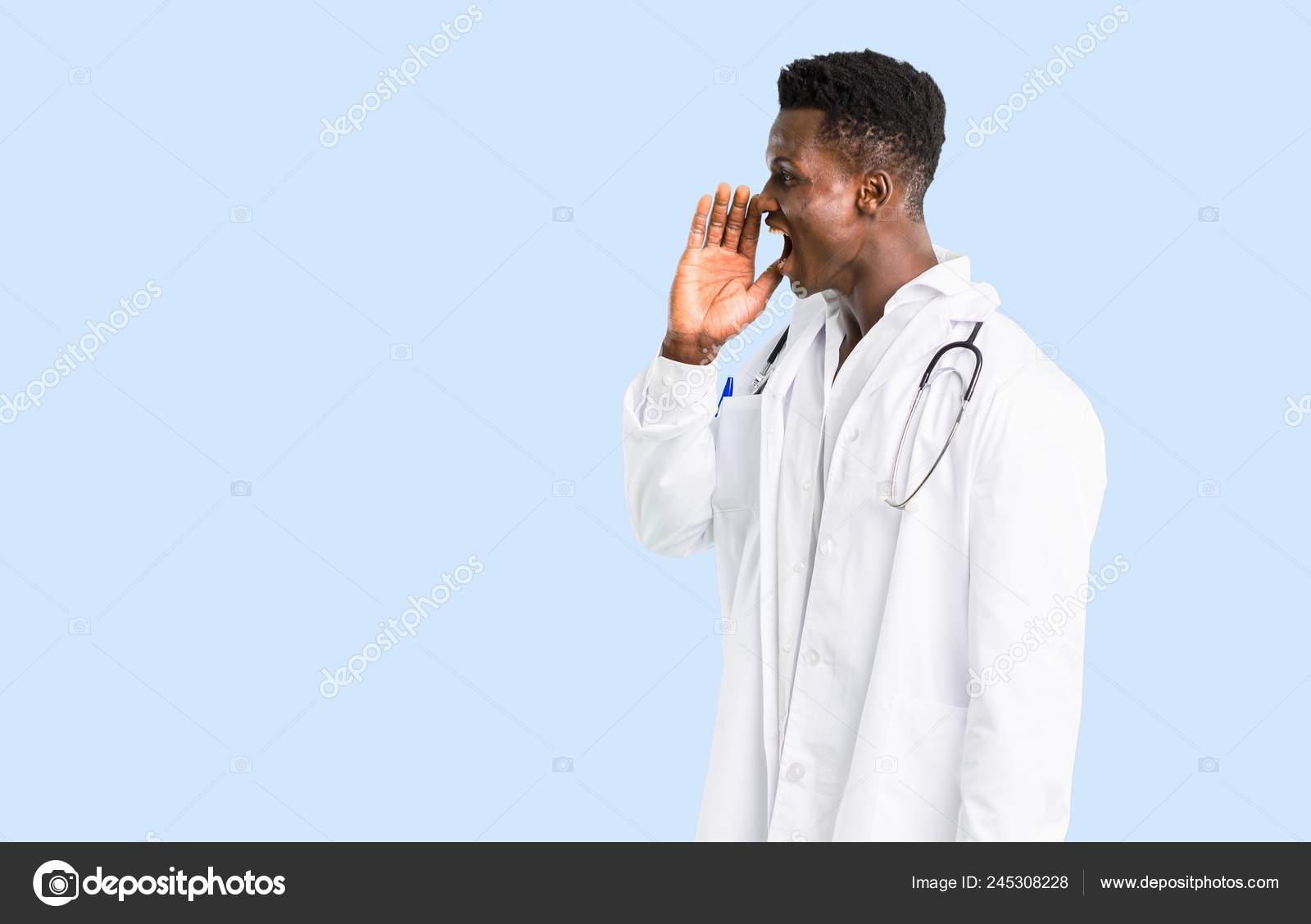 African American Doctor Shouting Mouth Wide Open Lateral Announcing ...