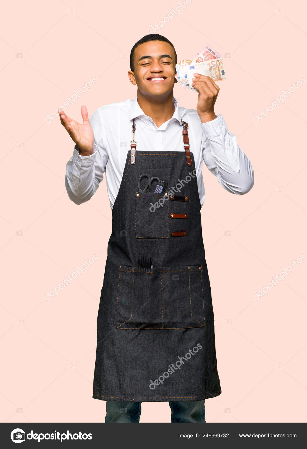 Young Afro American Barber Man Taking Lot Money Isolated Background ...