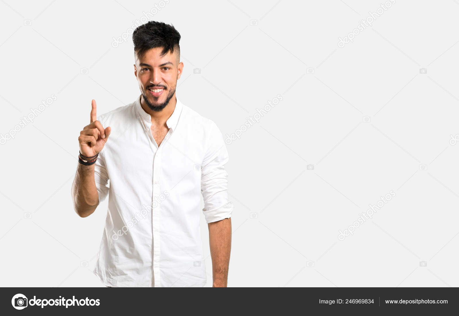Arabic Young Man White Shirt Counting Number One Sign Grey Stock Photo ...