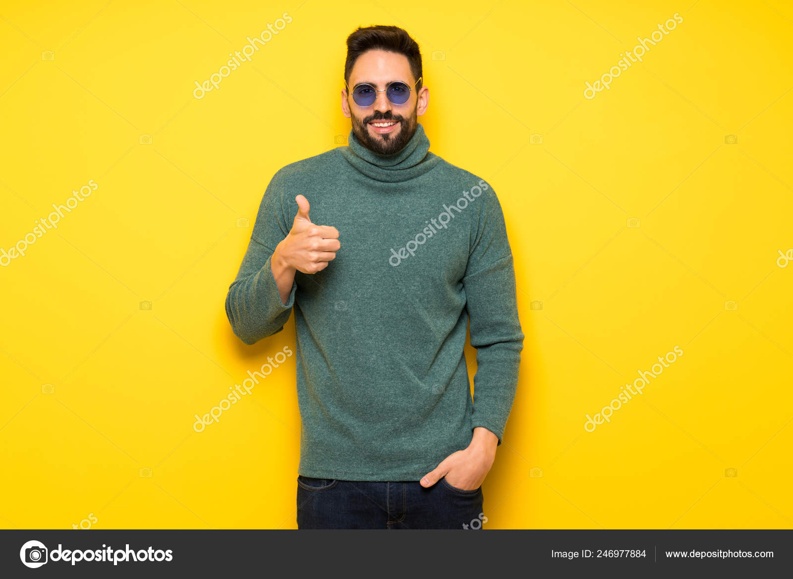 Handsome Man Sunglasses Giving Thumbs Gesture Both Hands Smiling Stock