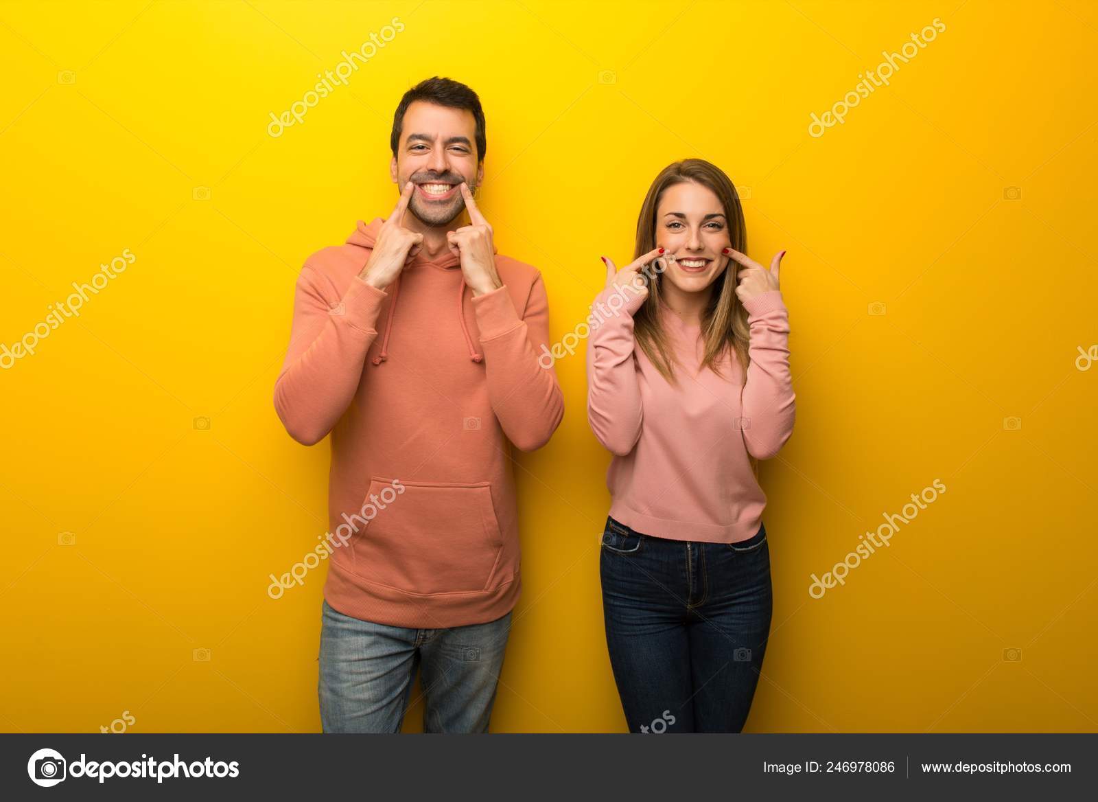 Group Two People Yellow Background Smiling Happy Pleasant Expression ...