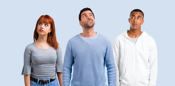 Group Three Friends Presenting Inviting Come — Stock Photo ...