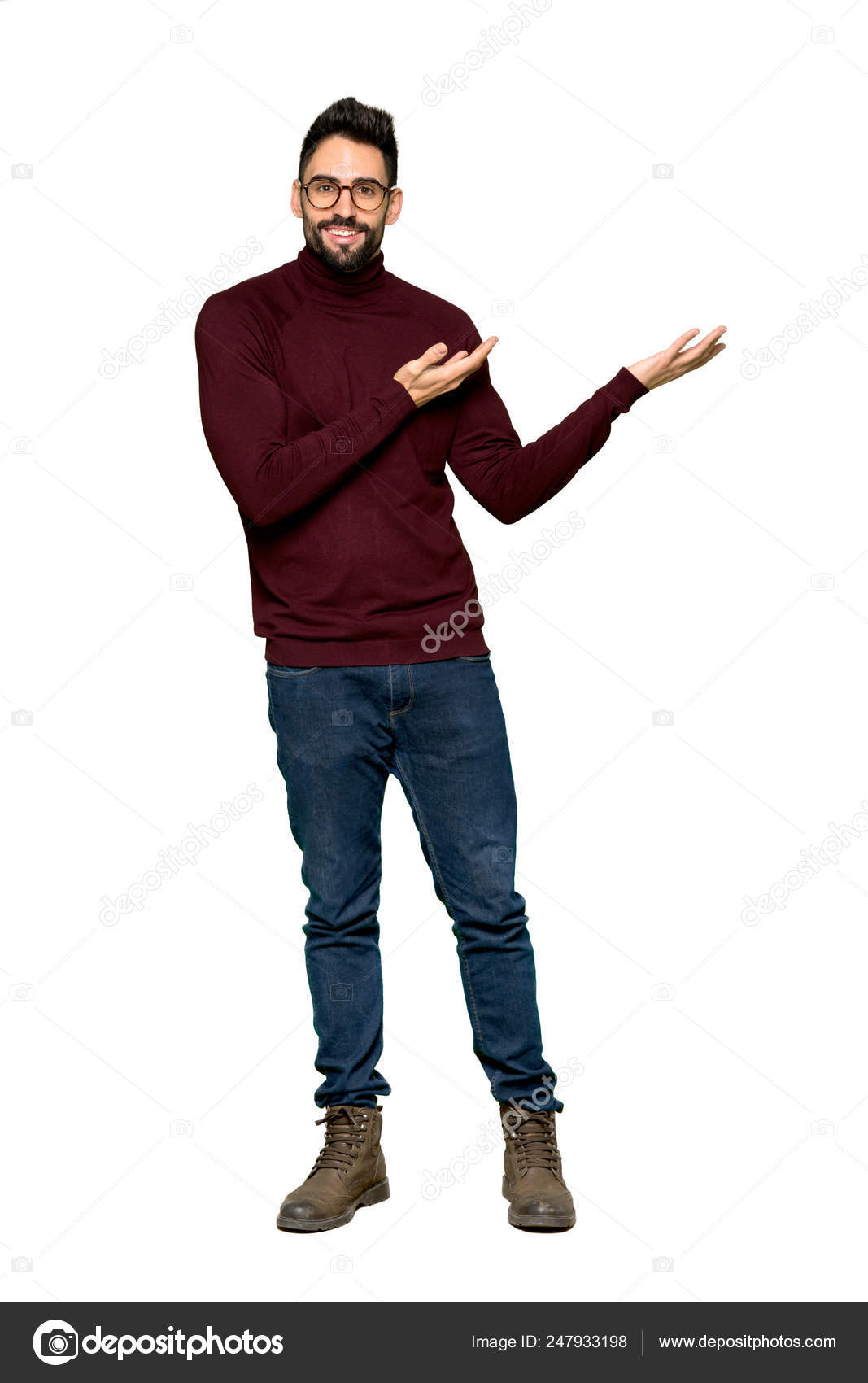 Full Length Shot Handsome Man Glasses Extending Hands Side Inviting ...