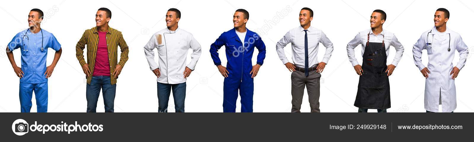 Set Doctor Barber Businessman Posing Arms Hip Laughing — Stock Photo ...