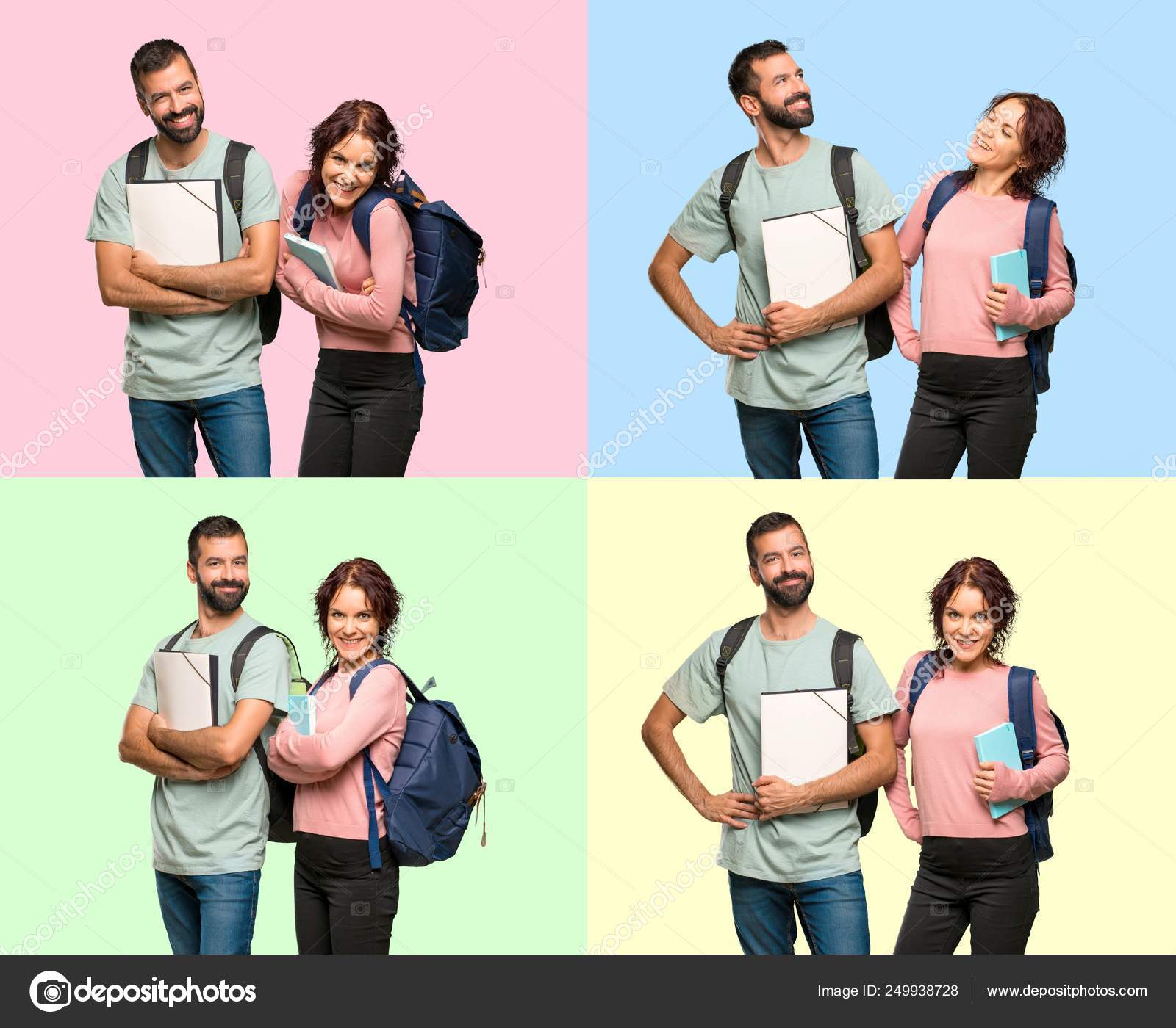 Set Two Students Backpacks Books Posing Arms Hip Arms Crossed — Stock ...