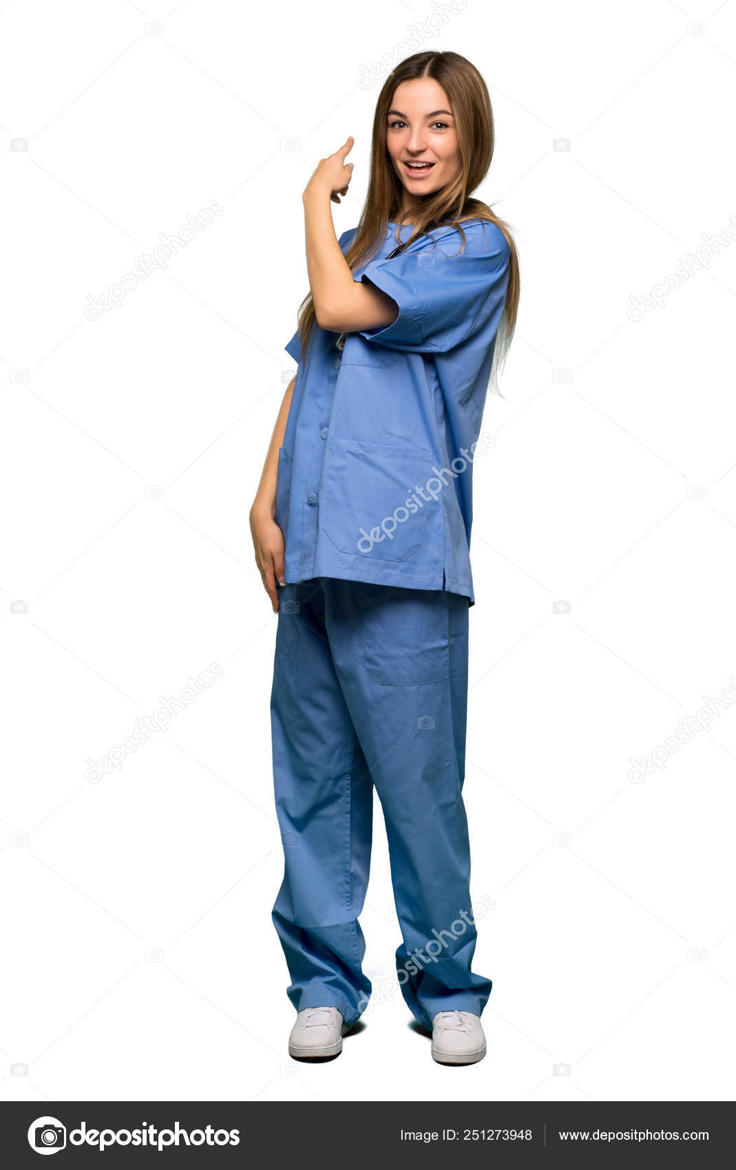 Full Body Young Nurse Pointing Back Index Finger Isolated Background ...