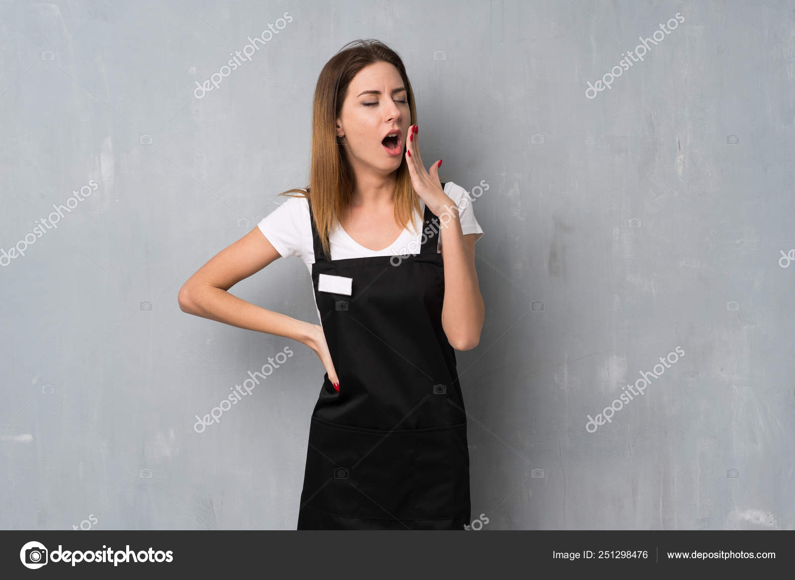 Employee Woman Yawning Covering Wide Open Mouth Hand — Stock Photo ...