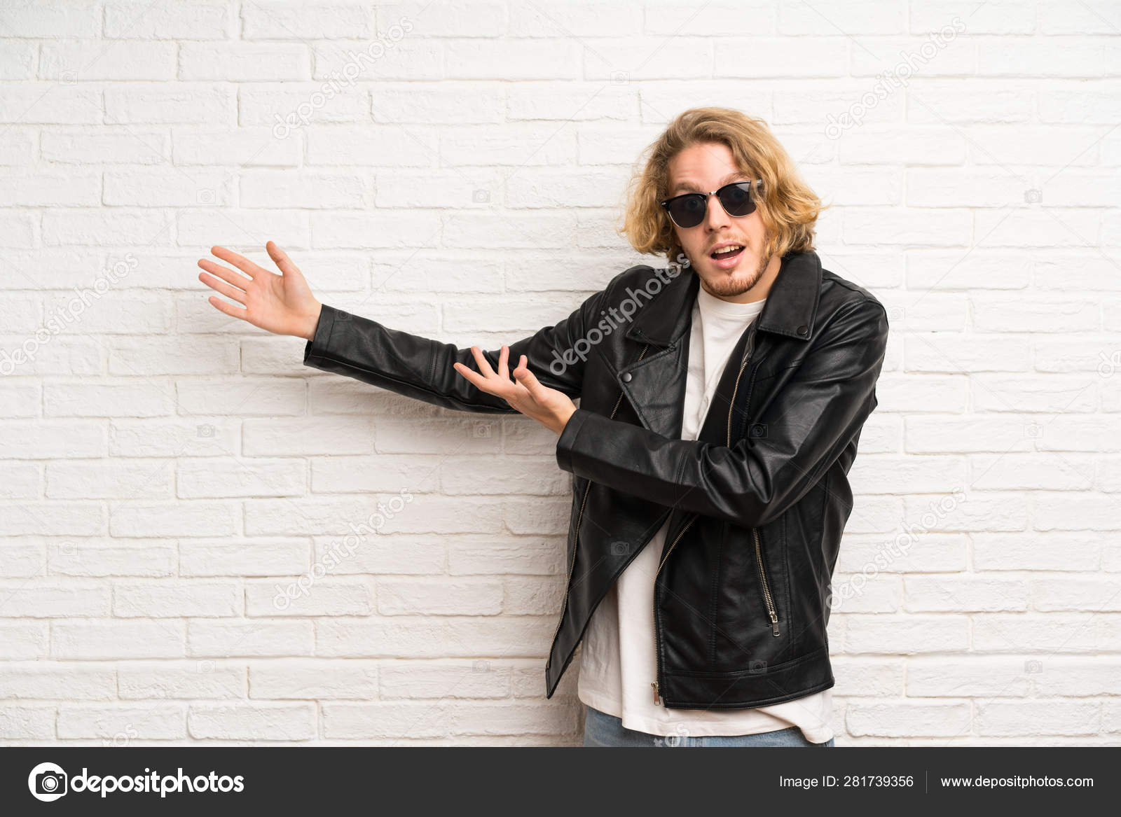 Blonde Man Sunglasses Extending Hands Side Inviting Come — Stock Photo ...