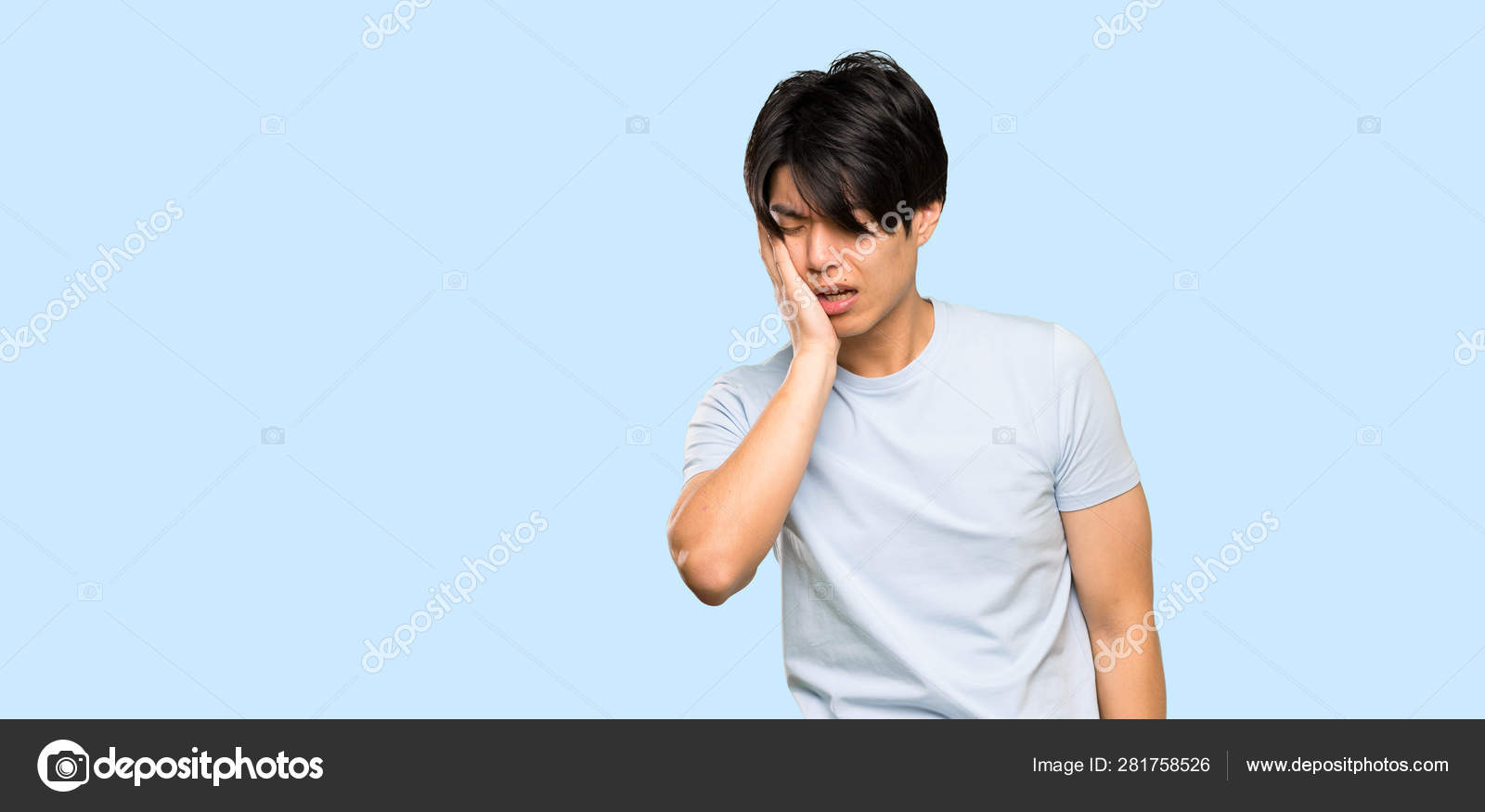 Asian Man Blue Shirt Toothache Isolated Blue Background — Stock Photo ...
