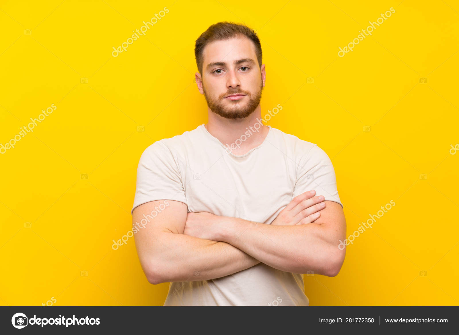 Handsome Man Yellow Background Keeping Arms Crossed Stock Photo by ...