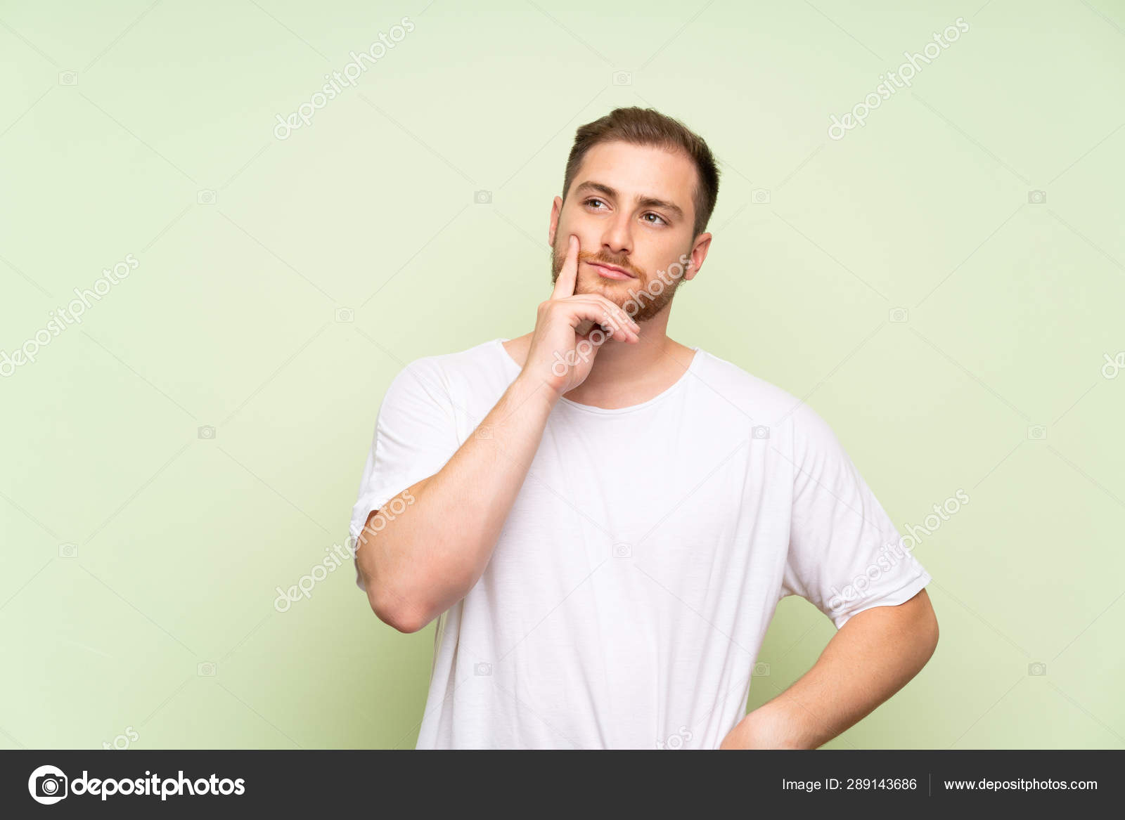 Handsome Man Green Background Thinking Idea — Stock Photo ...