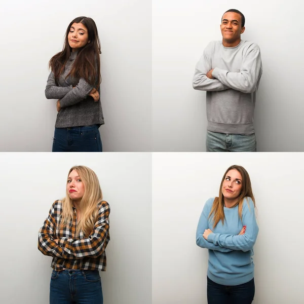 Collage of people making doubts gesture while lifting the shoulders ...