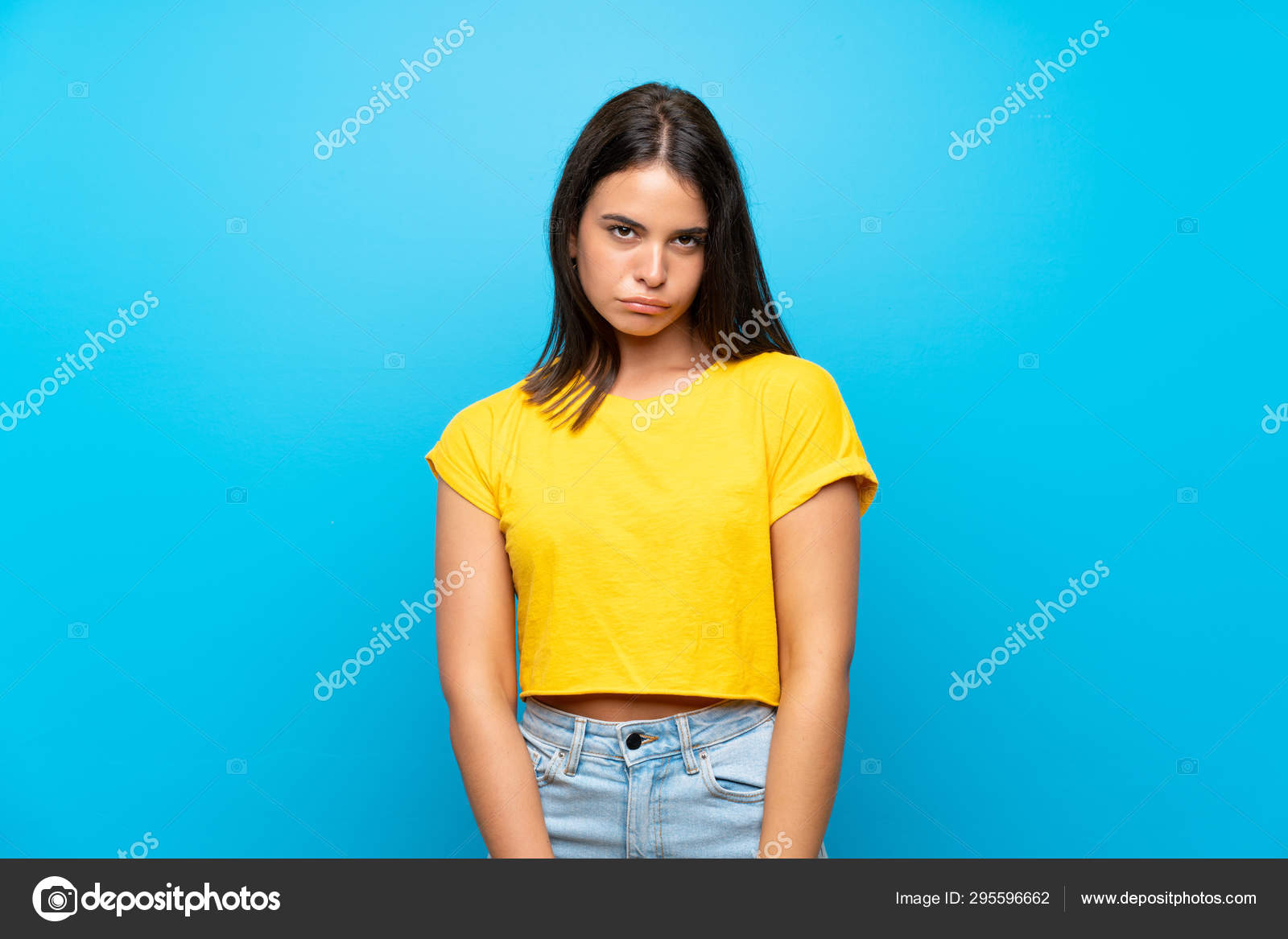 Young Girl Isolated Blue Background Sad Depressed Expression — Stock ...