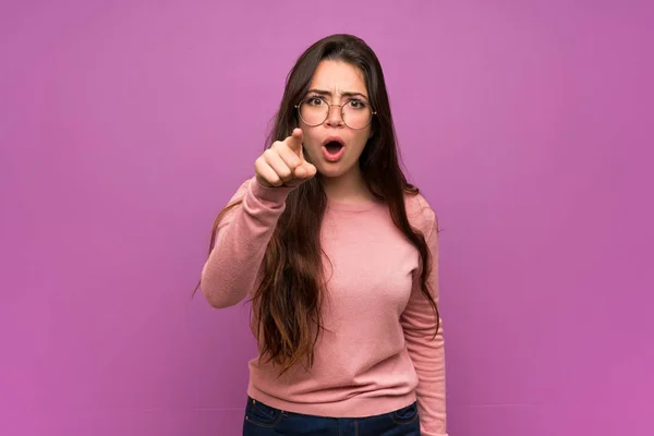 Redhead Teenager Girl Isolated Purple Background Pointing Away — Stock ...