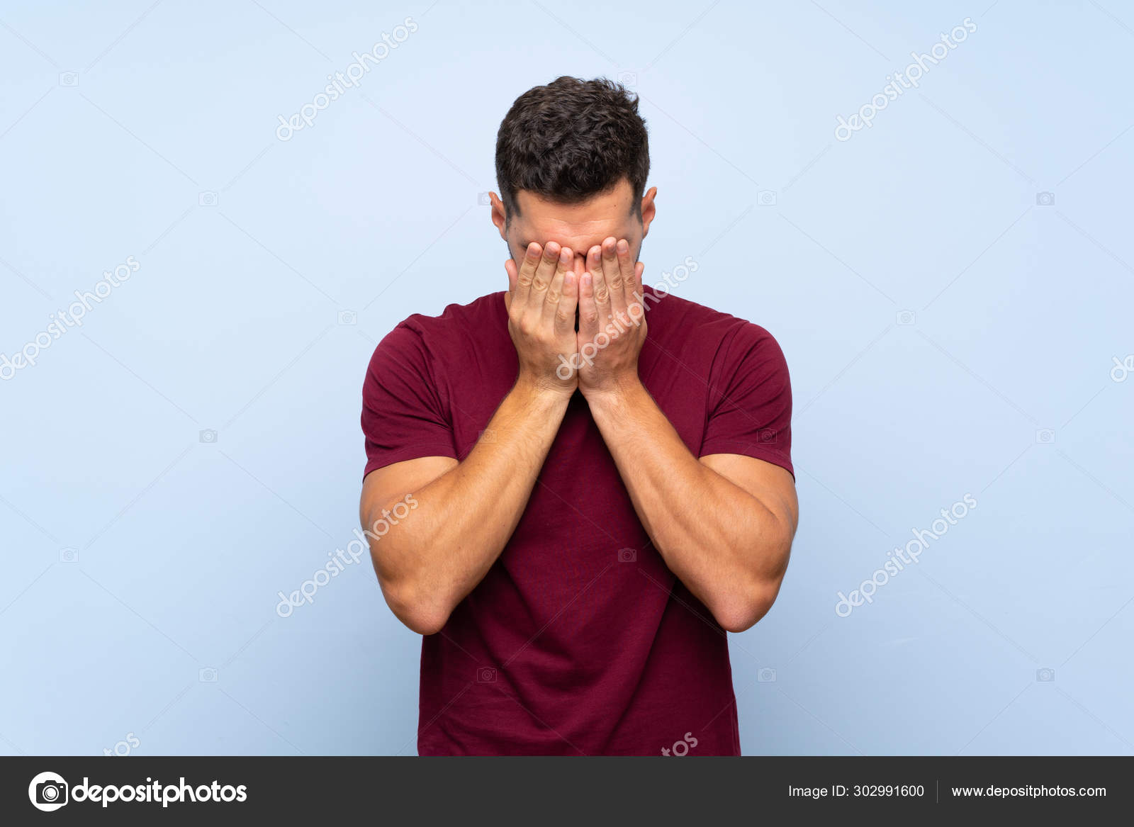 Handsome Man Isolated Blue Background Tired Sick Expression — Stock ...