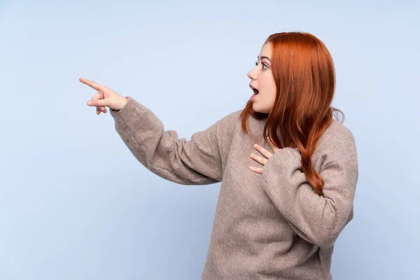 Redhead Teenager Girl Isolated Purple Background Pointing Away — Stock ...