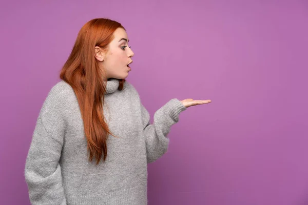 Redhead Teenager Girl Isolated Purple Background Pointing Away — Stock ...