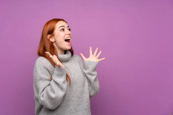 Redhead Teenager Girl Isolated Purple Background Pointing Away — Stock ...