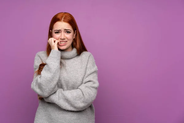 Redhead Teenager Girl Isolated Purple Background Pointing Away — Stock ...