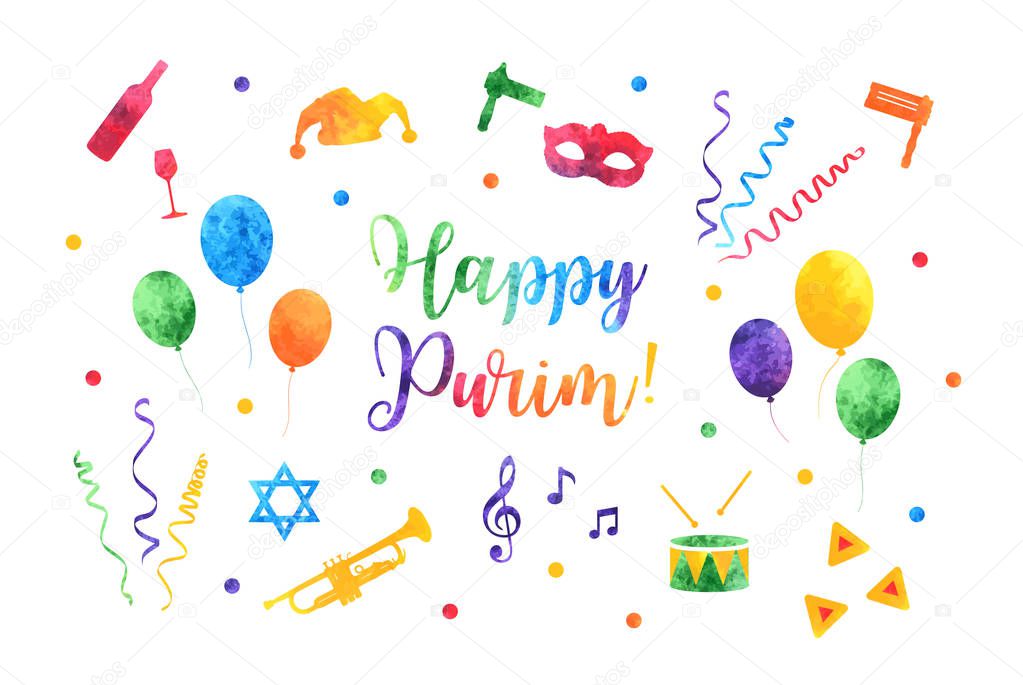 Feliz Purim tarjeta de felicitación judía de vacaciones. símbolos de ...