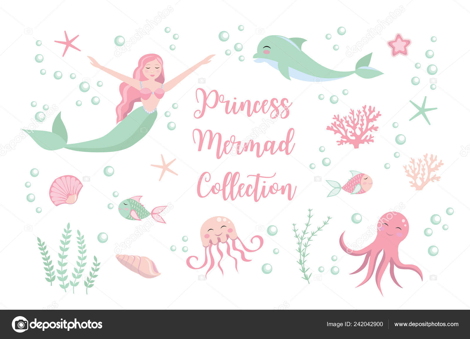 Cute set little mermaid princess and dolphin, octopus, fish, jellyfish ...