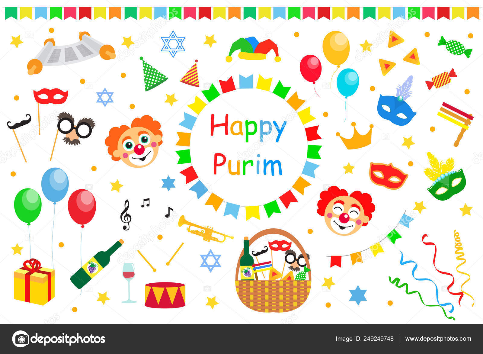 Happy Purim Jewish Holiday greeting card. traditional Purim carnival ...