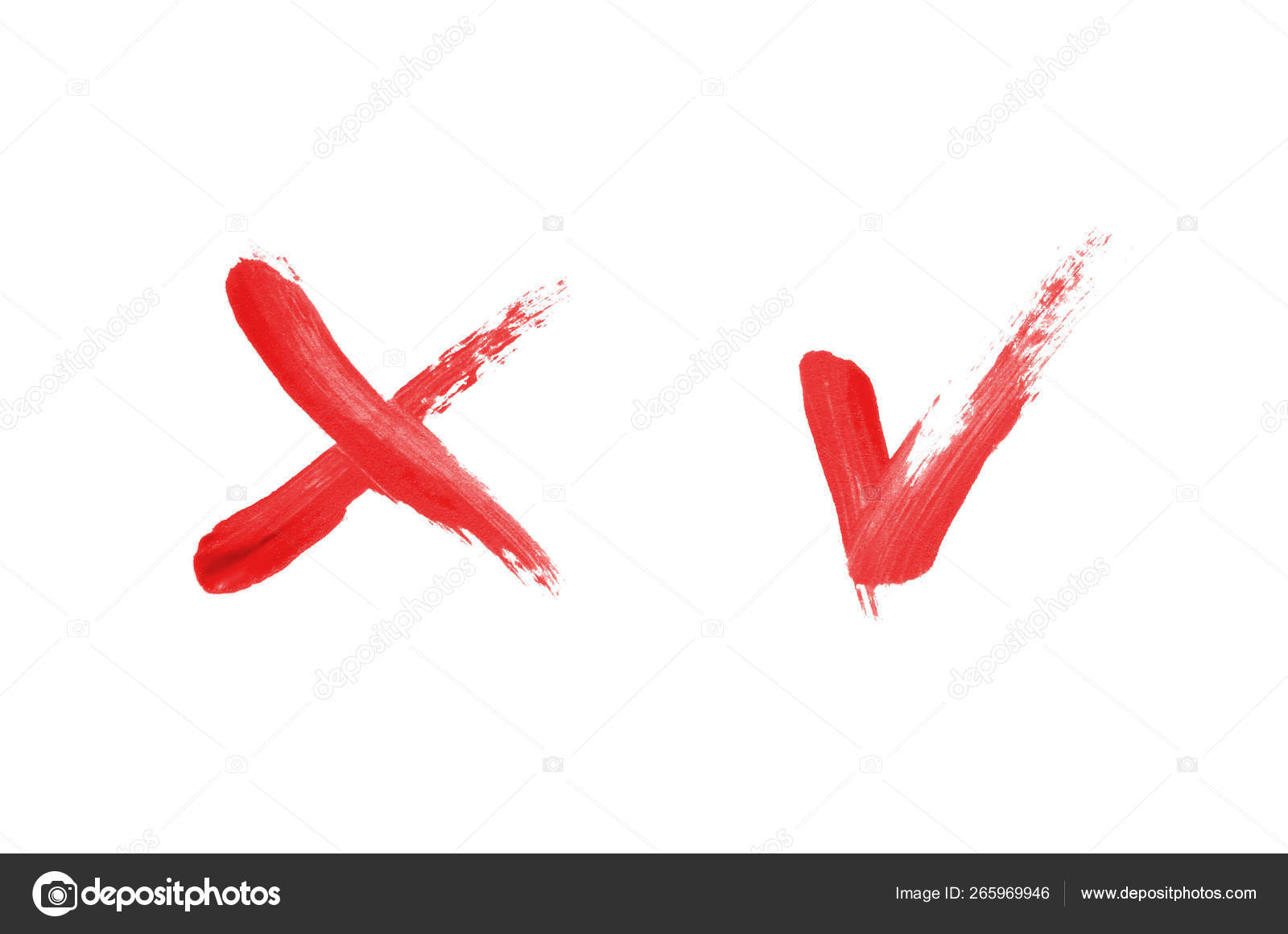 Bright liquid lipstick smear check mark and cross isolated on white ...