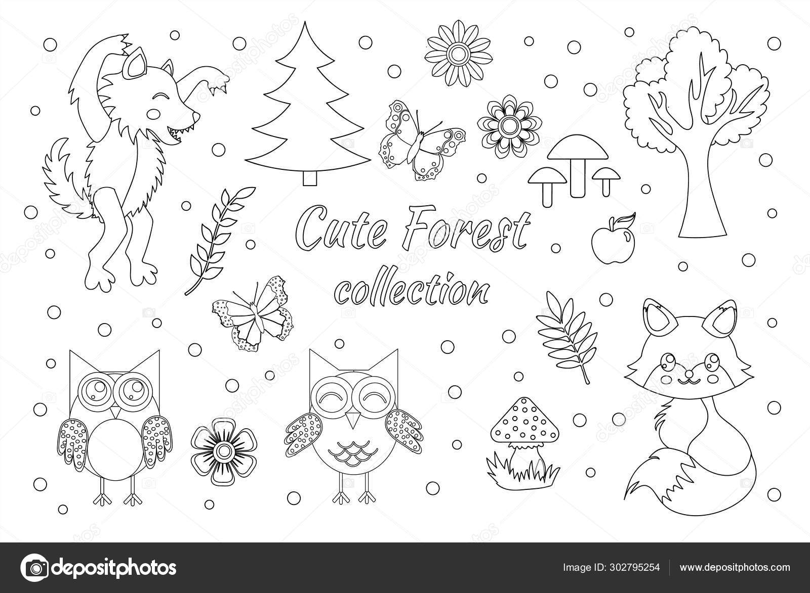 Vector set of cute forest elements sketch outline doodle style ...